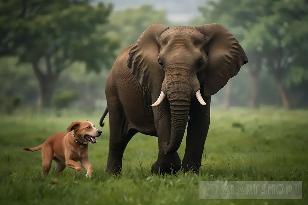 A majestic elephant and a playful dog frolic in a lush green meadow, t