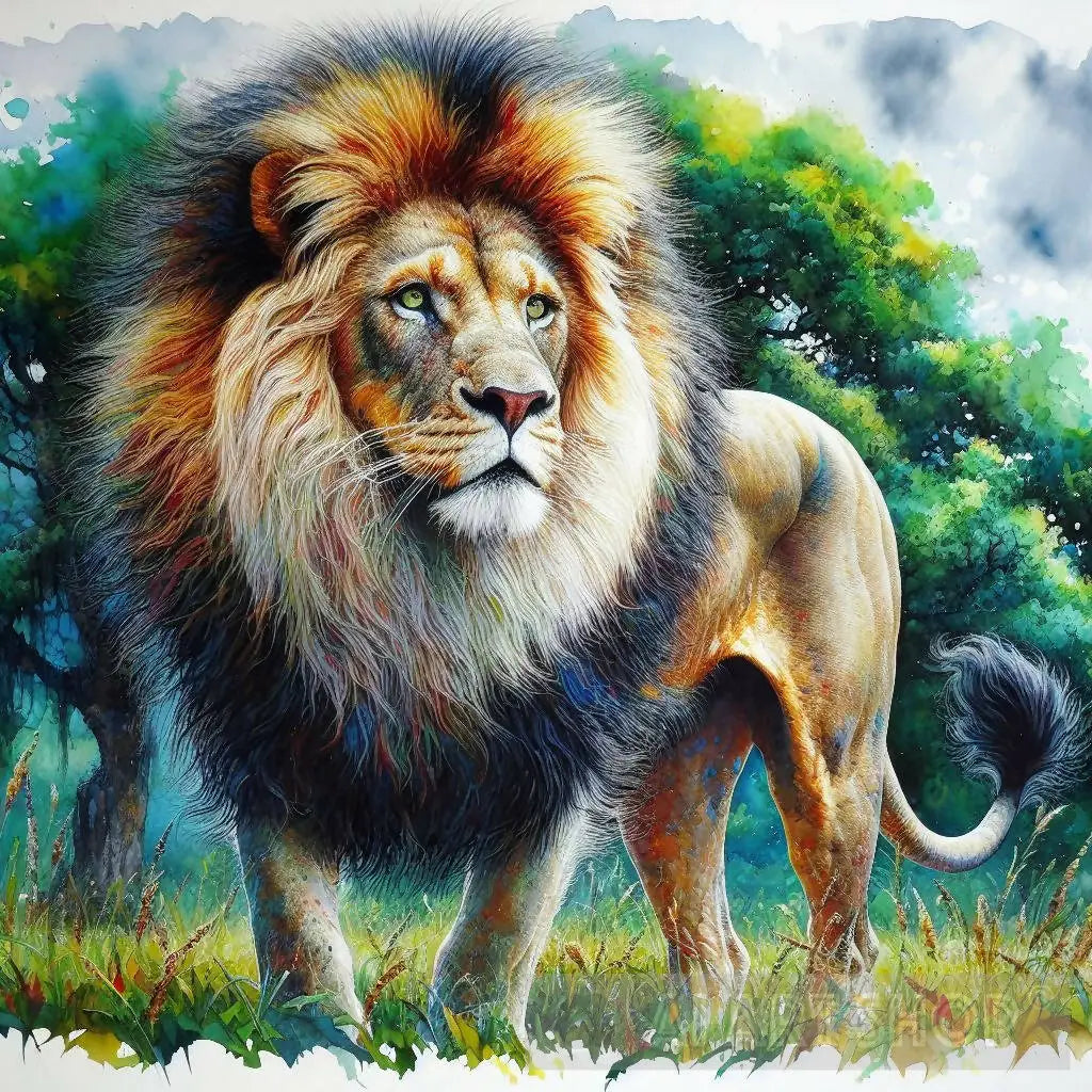 A majestic lion rendered in vibrant watercolors