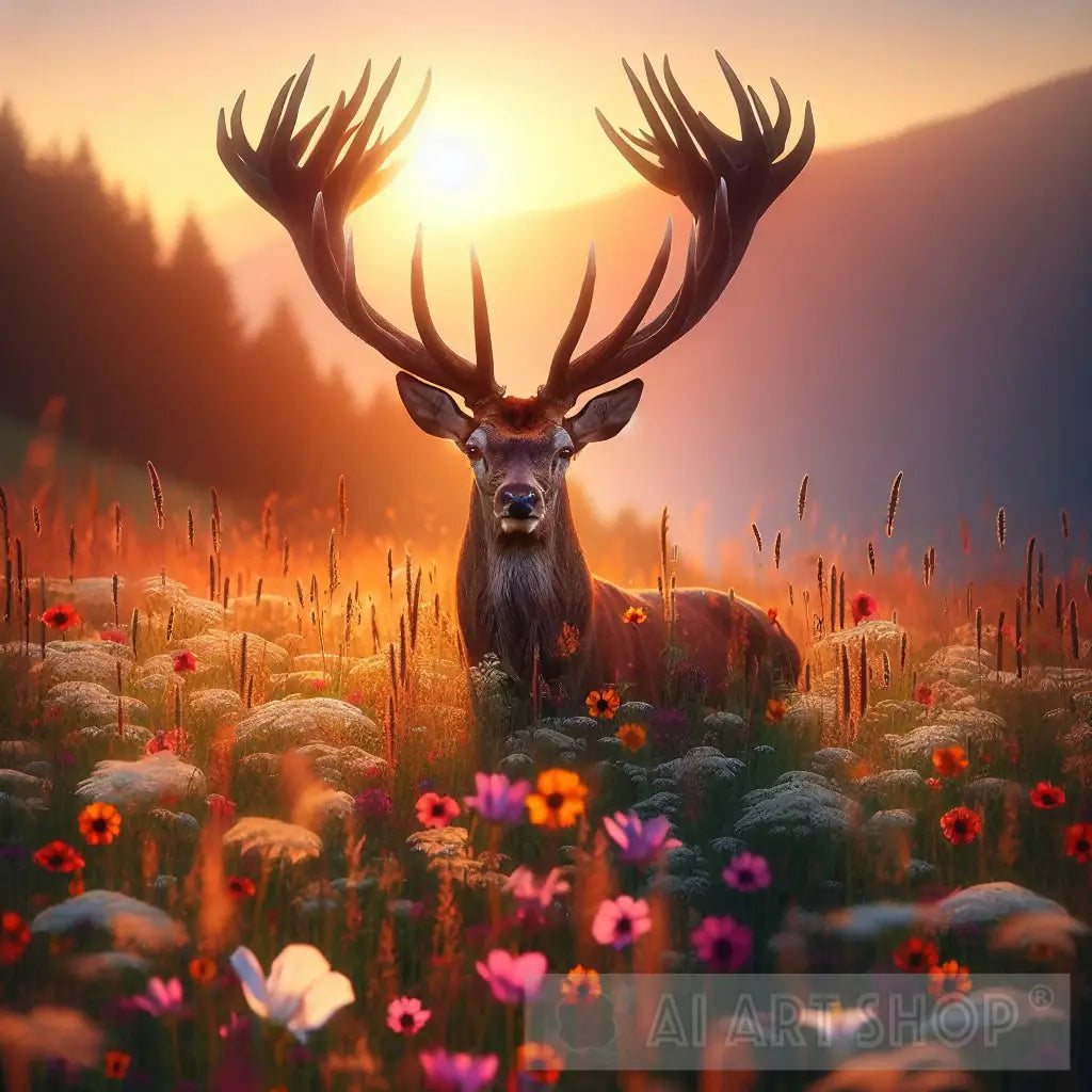 Majestic Stag at Golden Hour: Wildflowers & Warm Glow