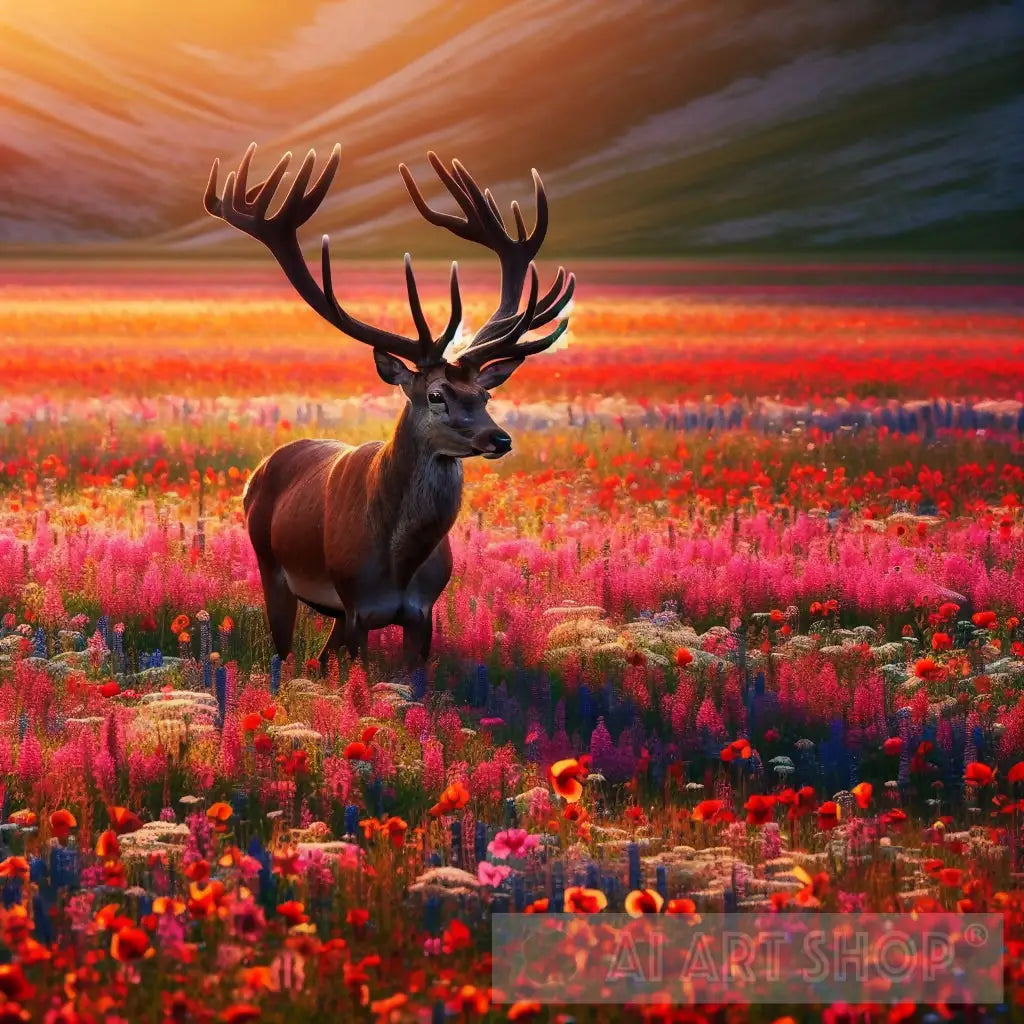 Majestic Stag at Golden Hour: Wildflowers & Warm Glow