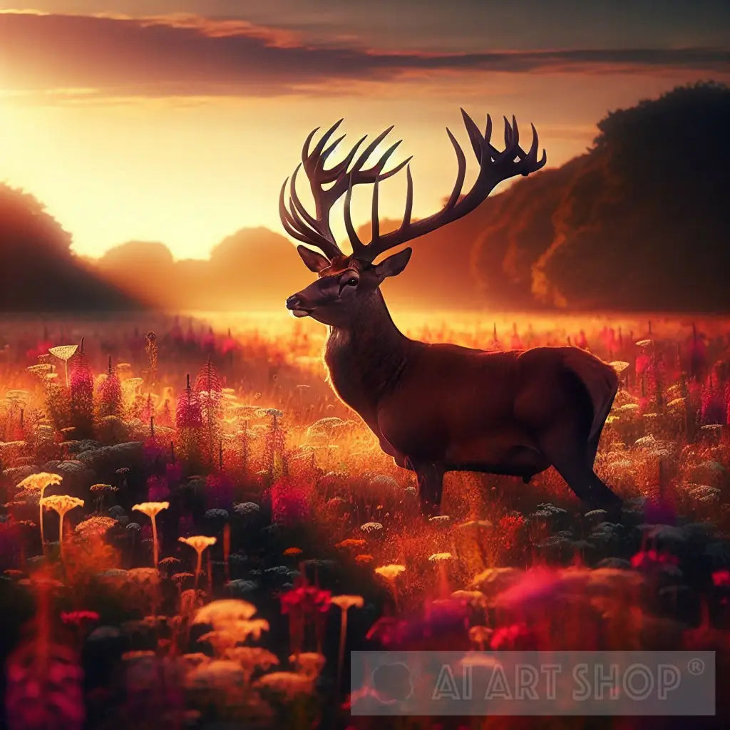 Majestic Stag at Golden Hour: Wildflowers & Warm Glow