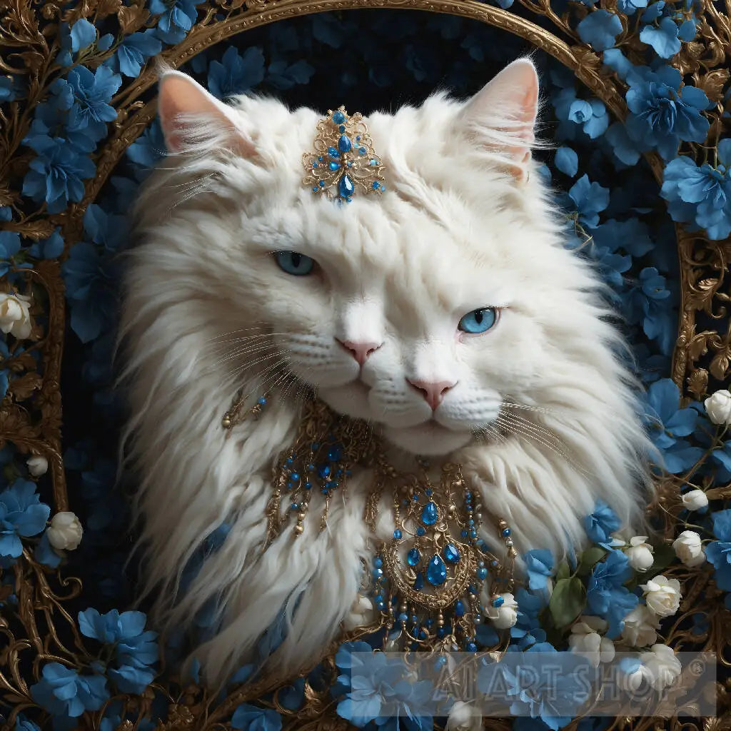 A majestic white cat with piercing blue eyes, rendered in a realist...