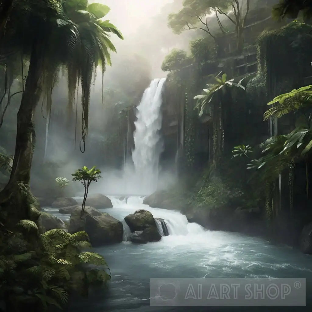A mystical waterfall hidden within the dense jungle