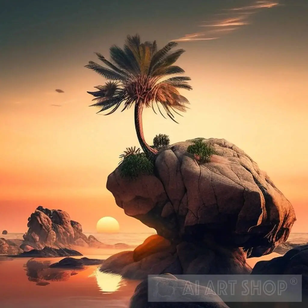 A Palm Tree on a Rock at Sunrise