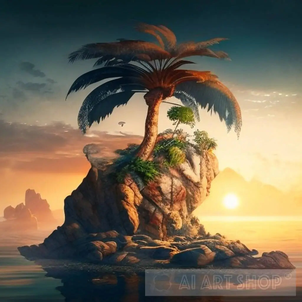 A Palm Tree on a Rock at Sunrise
