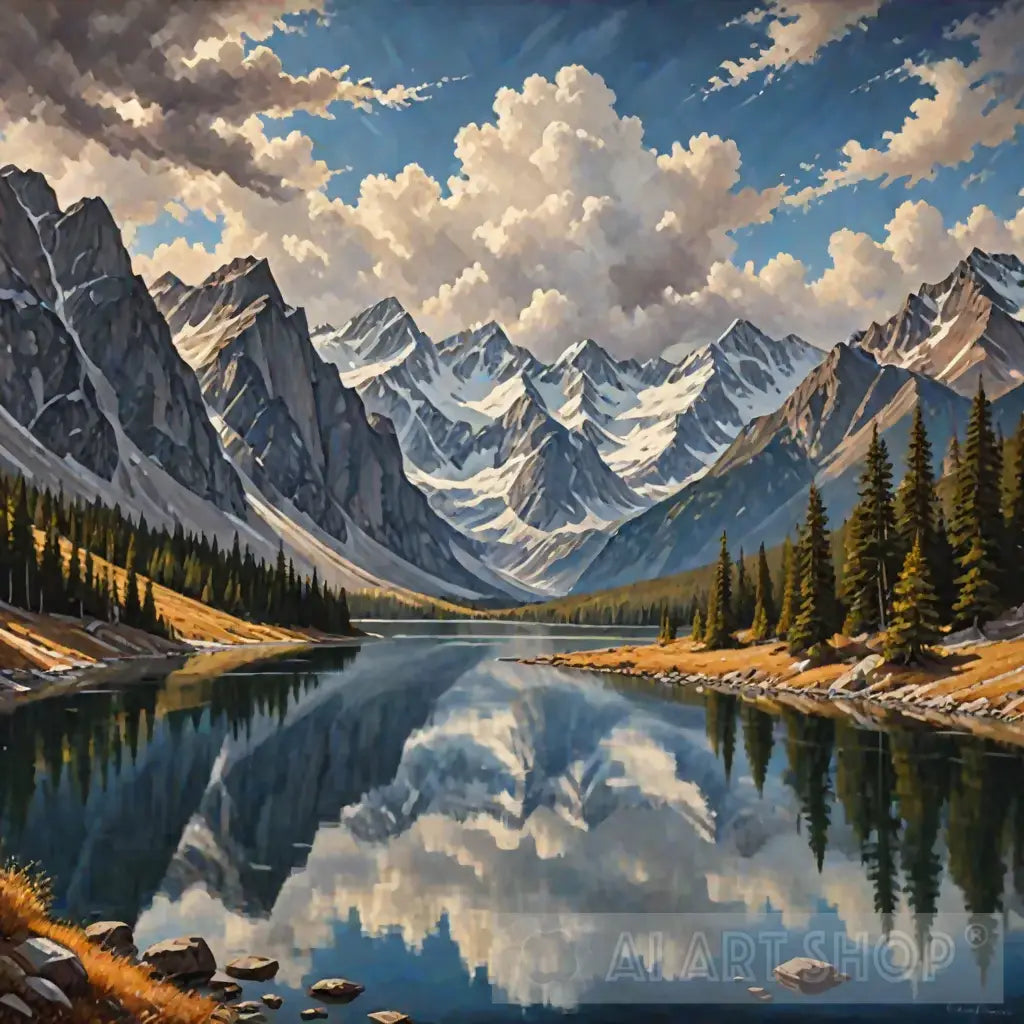 A panoramic painting of a majestic mountain range