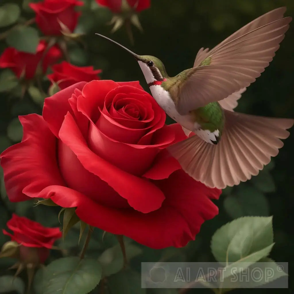 A photorealistic image of a hummingbird flying over a rose