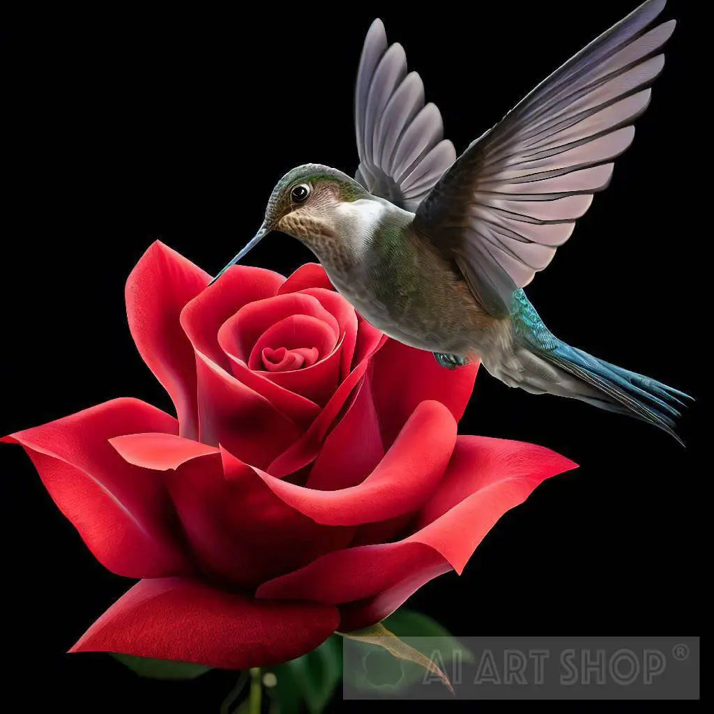 A photorealistic image of a hummingbird flying over a rose. The hum...