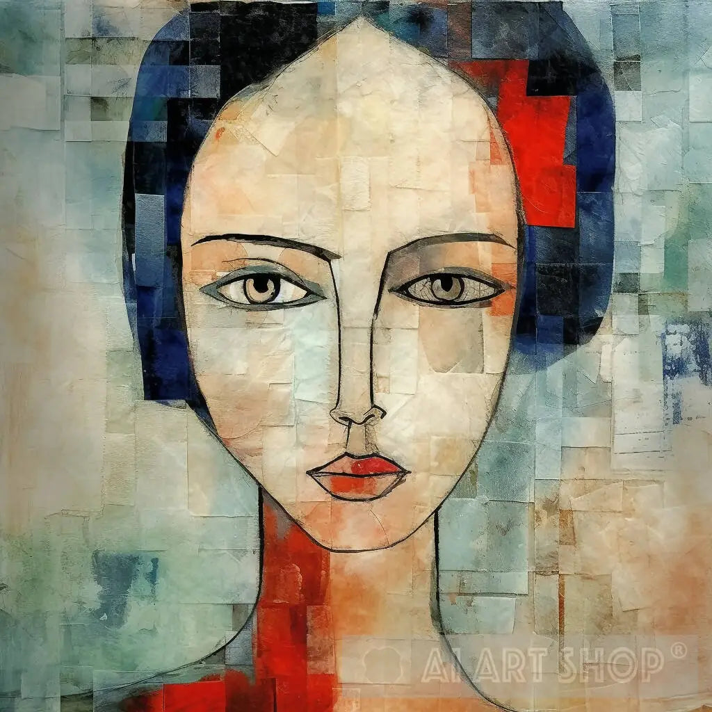 Serene Mosaic: A Portrait in Red and Blue