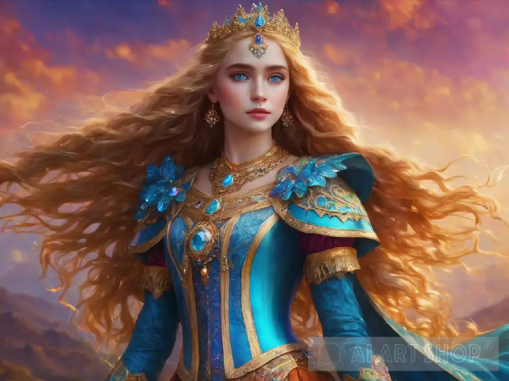 a princess with blue eyes and golden hairs