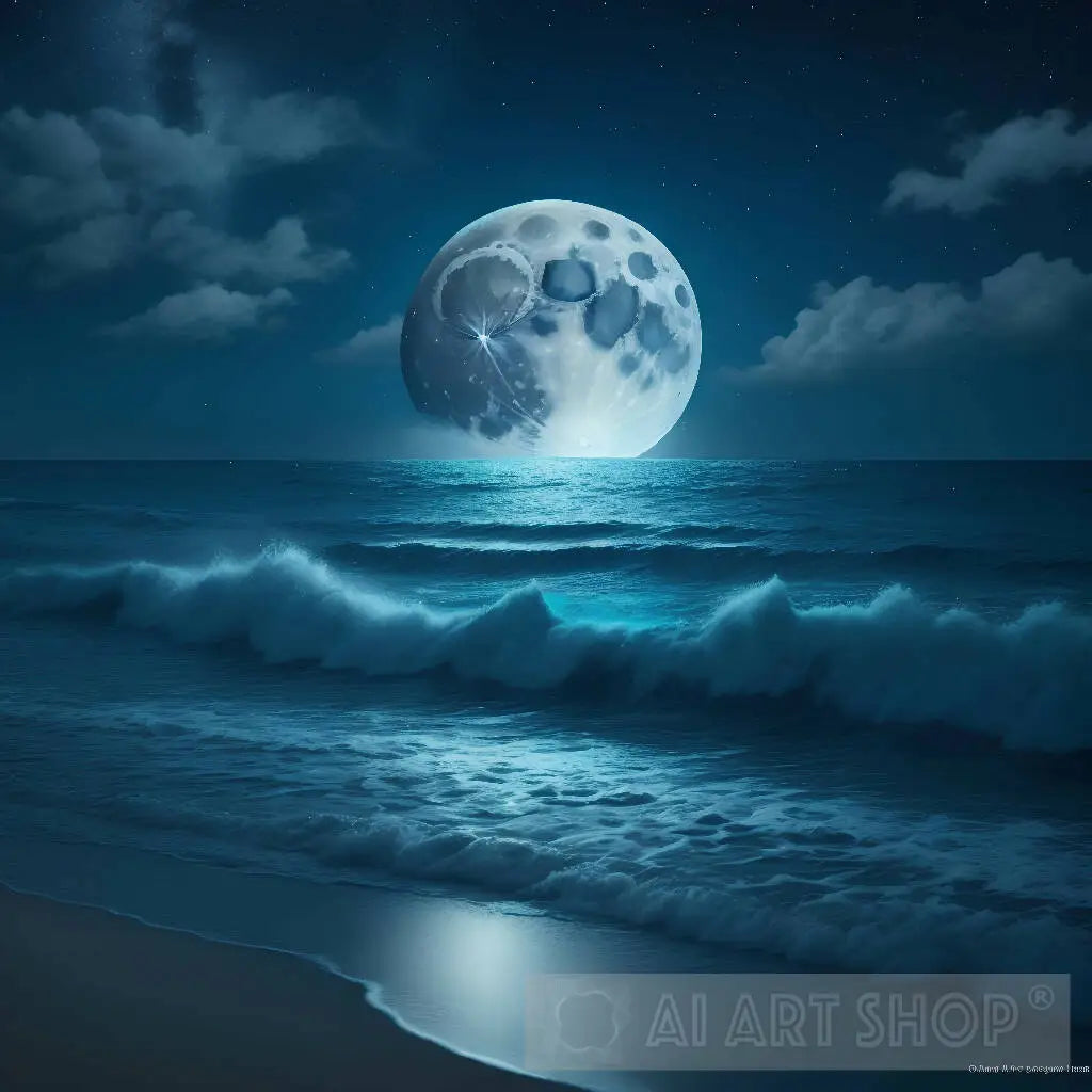 A realistic picture of the ocean breeze, glowing starry night with ...