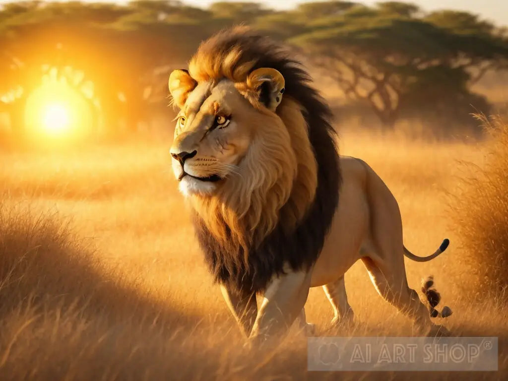 A regally commanding lion, exuding power and authority as he leads ...