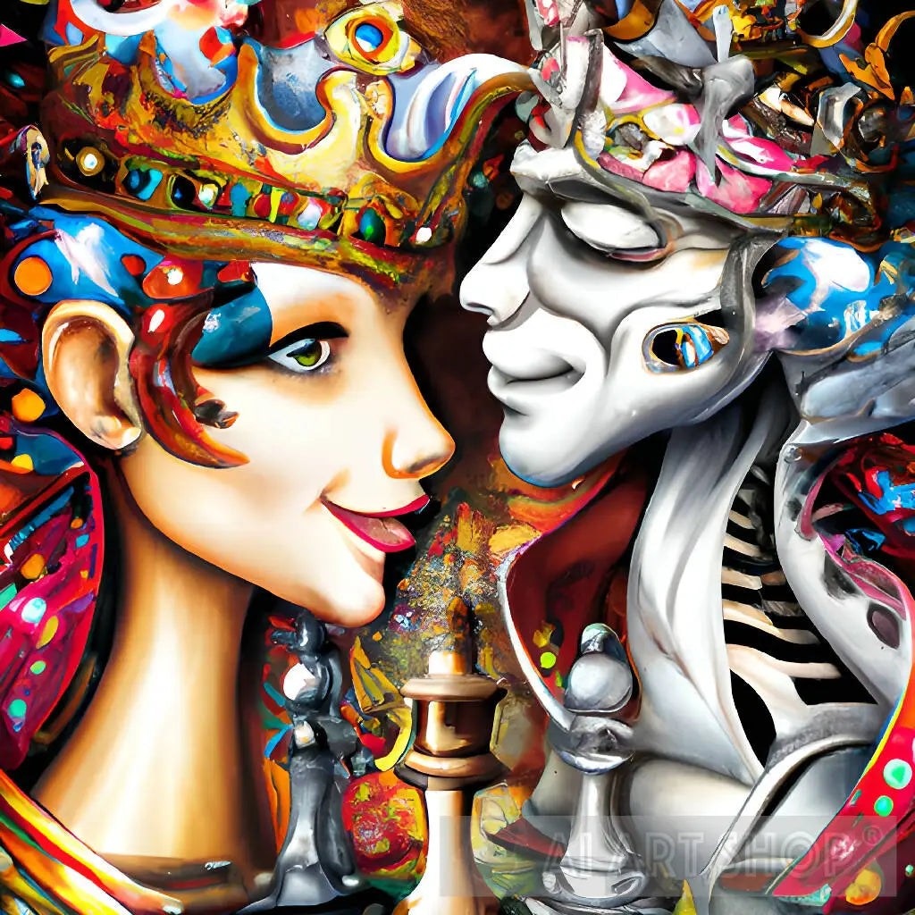 Royal Fusion Art: King and Queen in Colorful Chess Setting