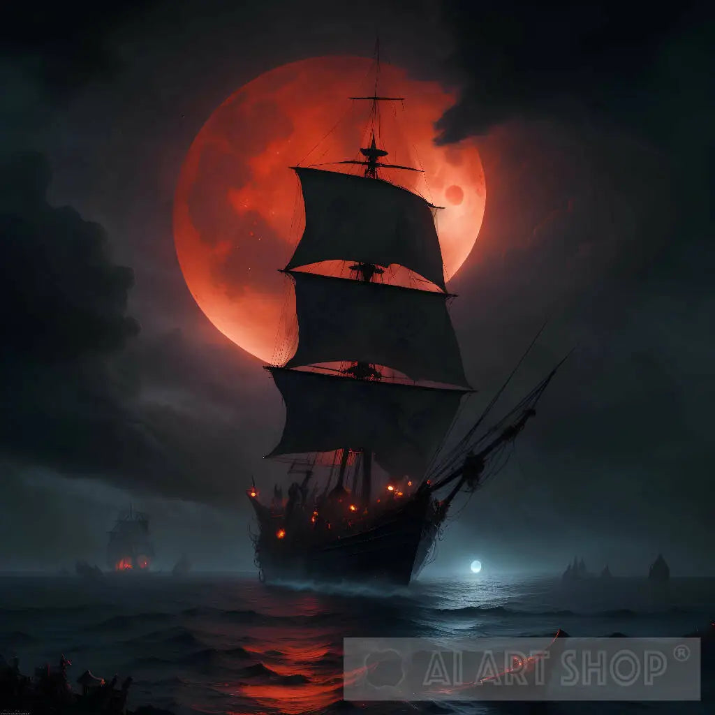 A Scary Pirate Ship Ominously Sailing Through The Dark Skies