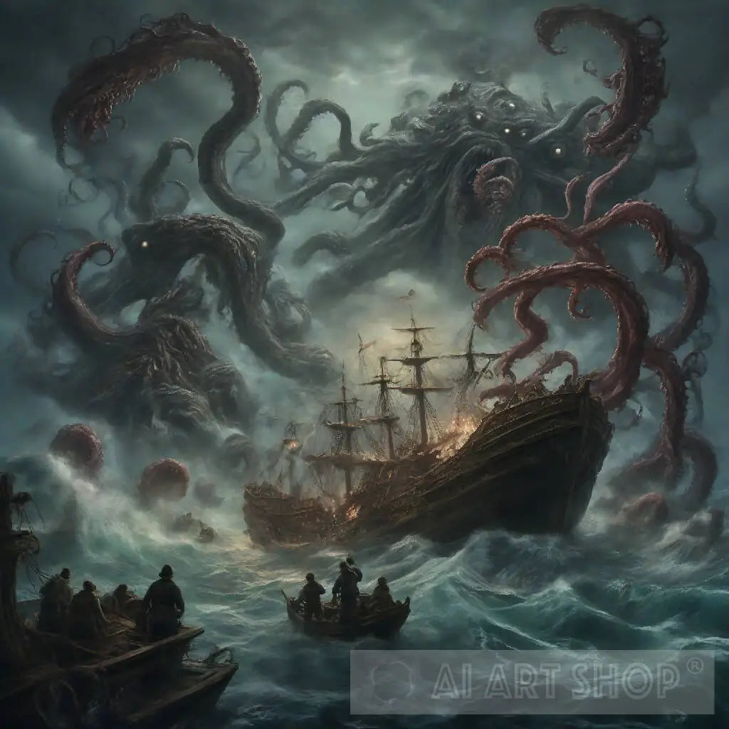a ship surrounded by the Kraken's tentacles