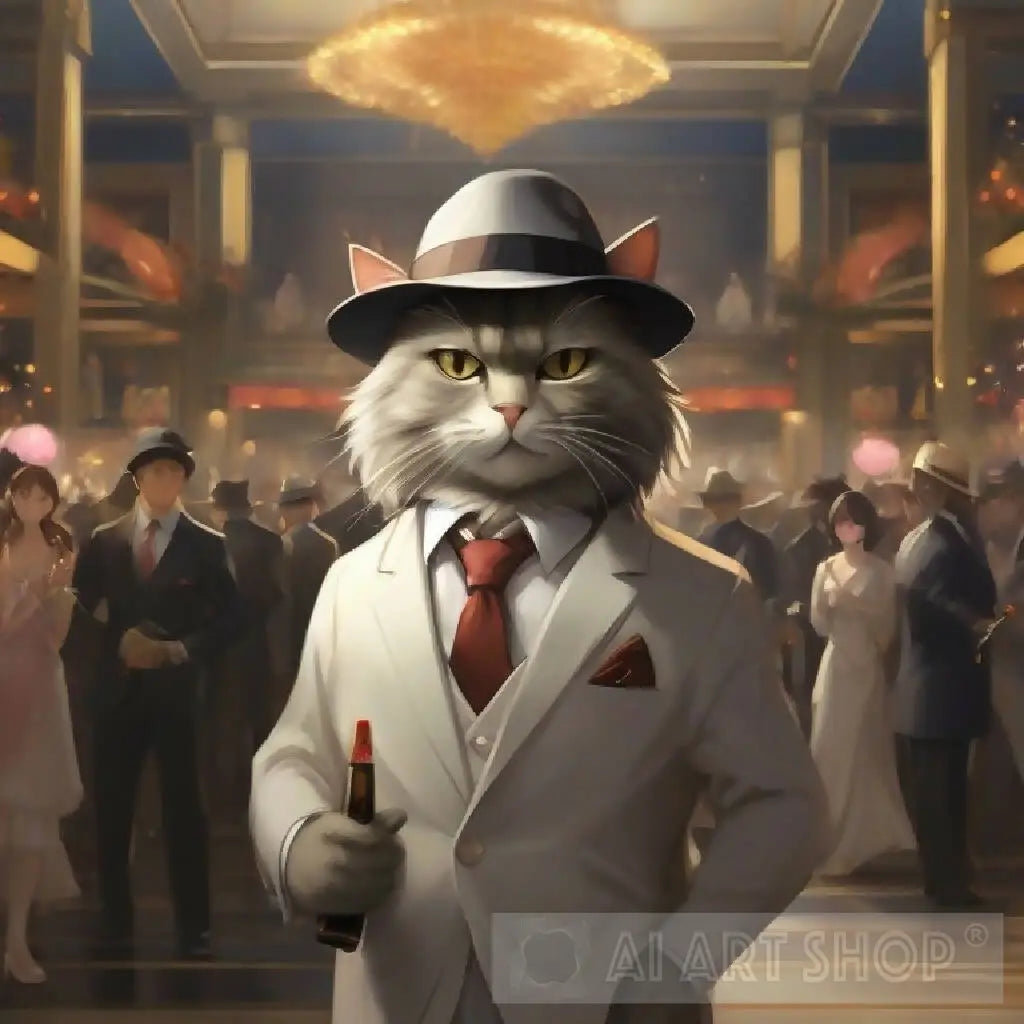 A sleek and stylish cat, wearing a fedora and holding a cigar, stan...
