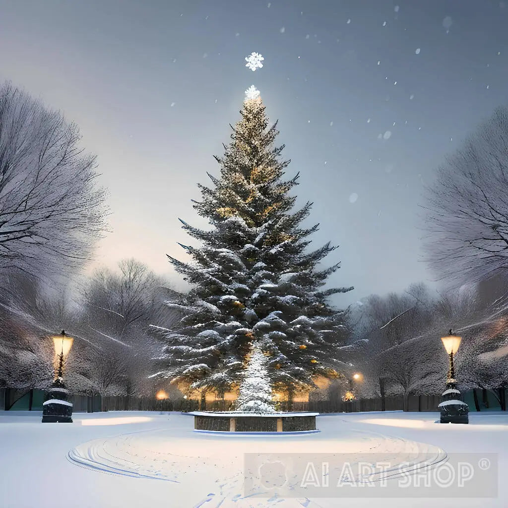 A snow-covered winter wonderland, with a majestic Christmas tree in...