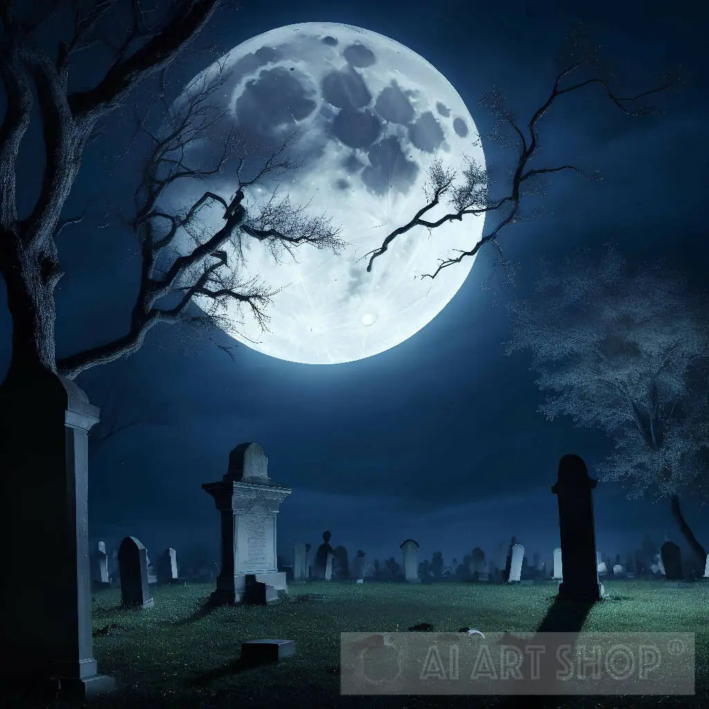A spooky graveyard illuminated by a full moon, with a ghostly figur...