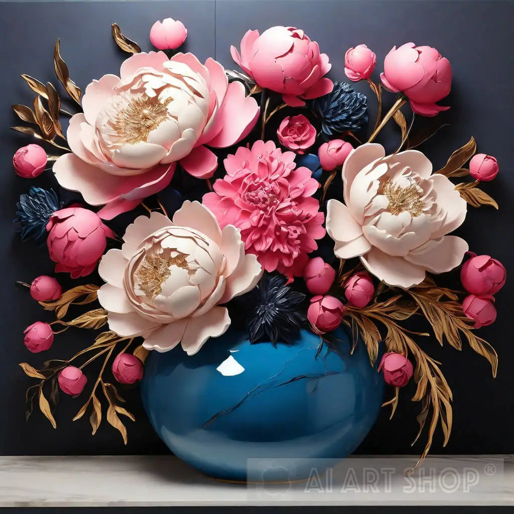 A vibrant and bold composition of pink peonies and blue flowers