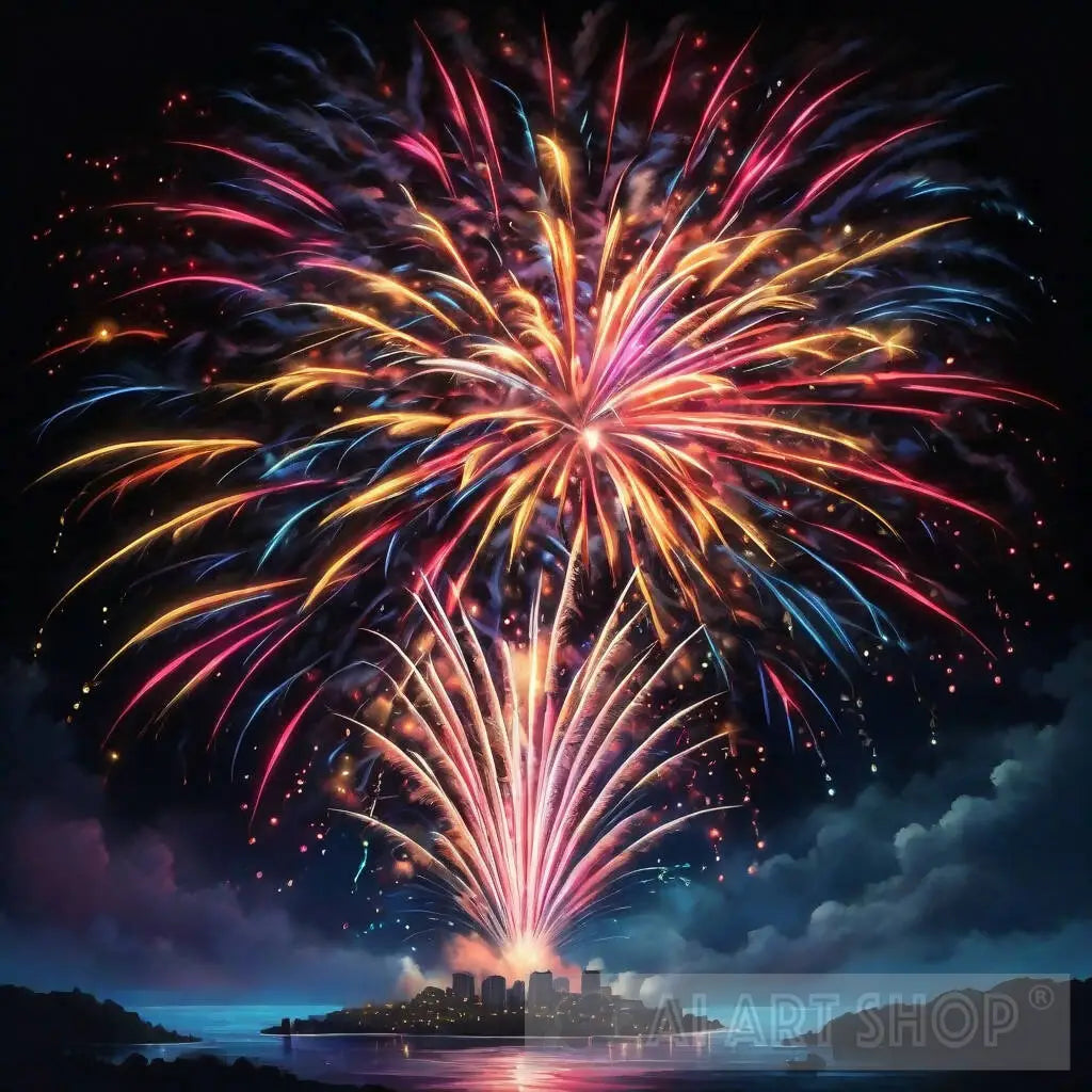 A vibrant and colorful fireworks display lights up the night sky, c...