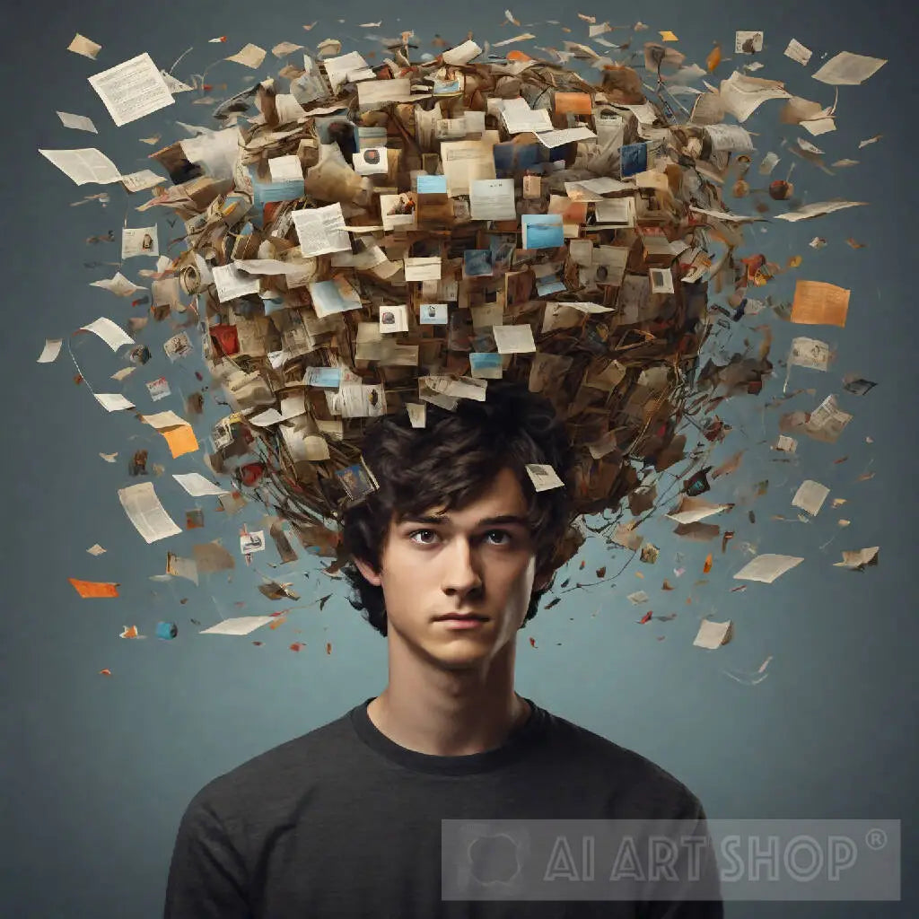 A young man whose head receives a lot of information and information c