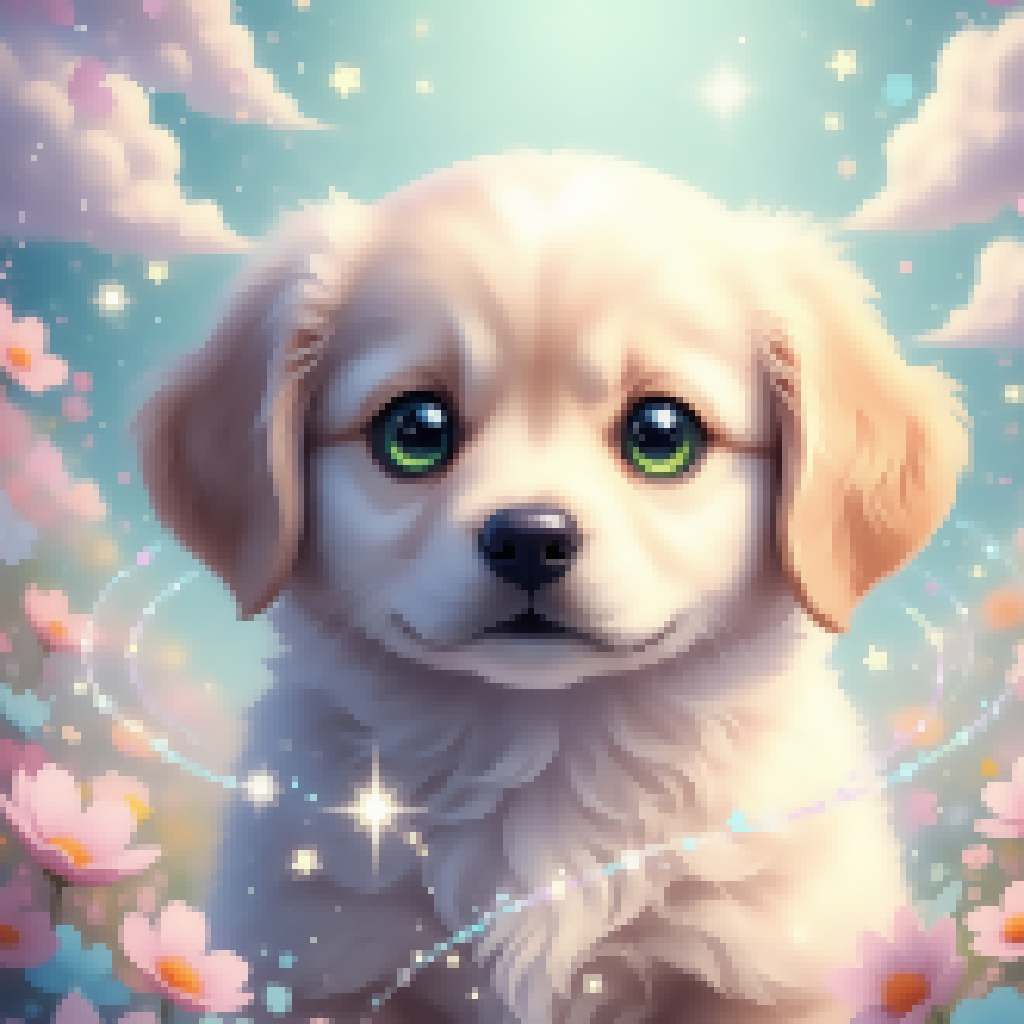 Magical Cute Puppy in Fantasy Garden | Dreamy Animal Art Print