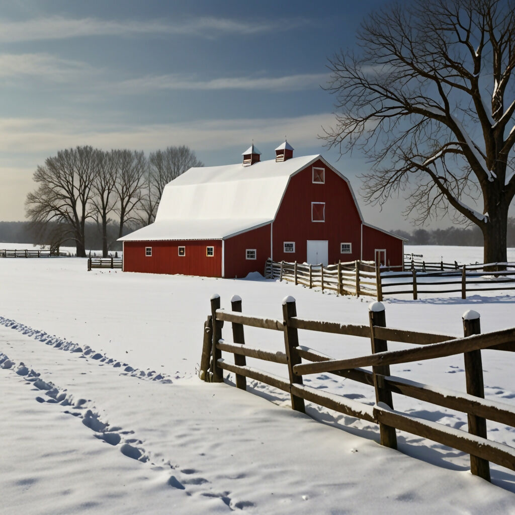 A farm with snow-covered barns, fences, and fields
