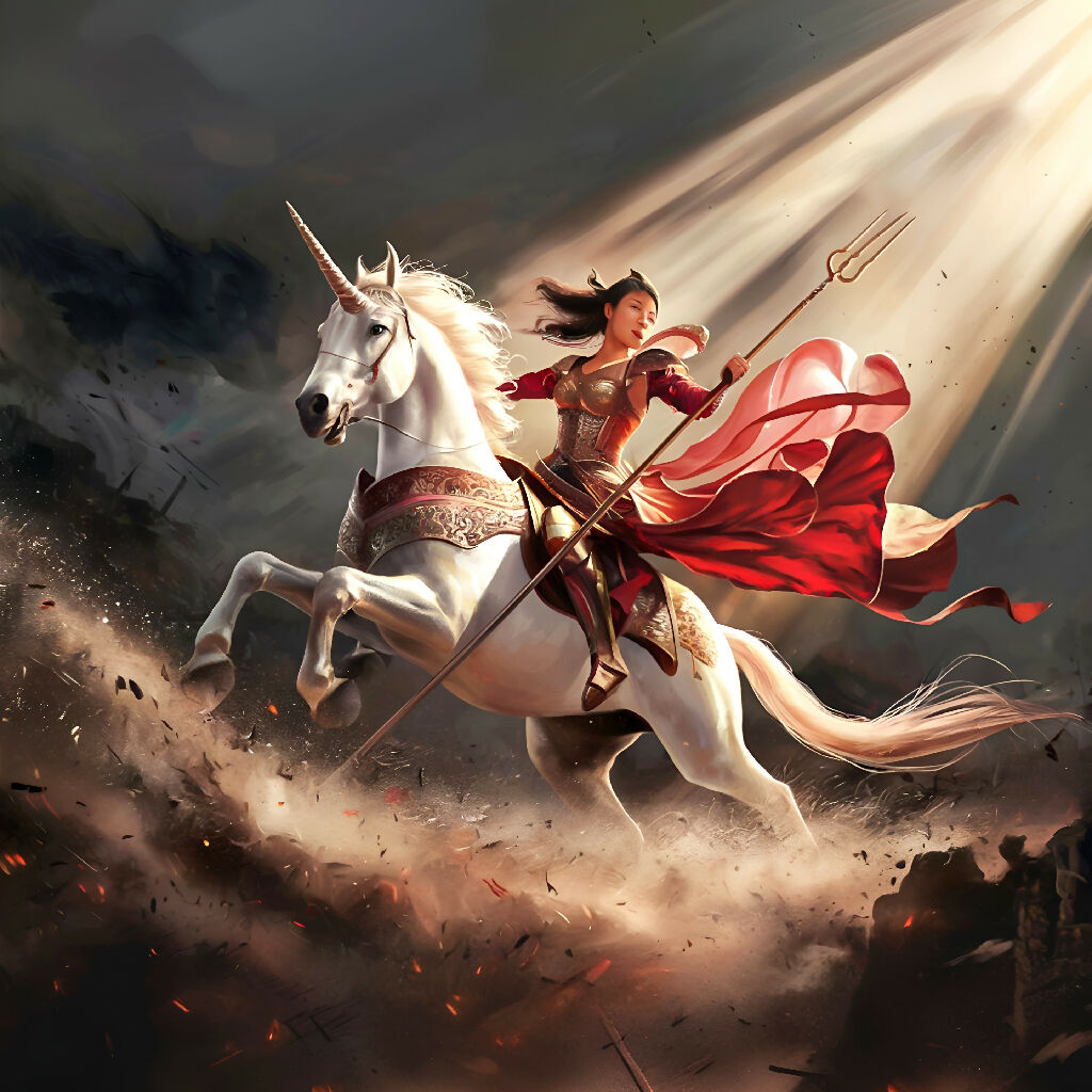 Asian Female Warrior Riding Unicorn at Battlefield - Oil Painting