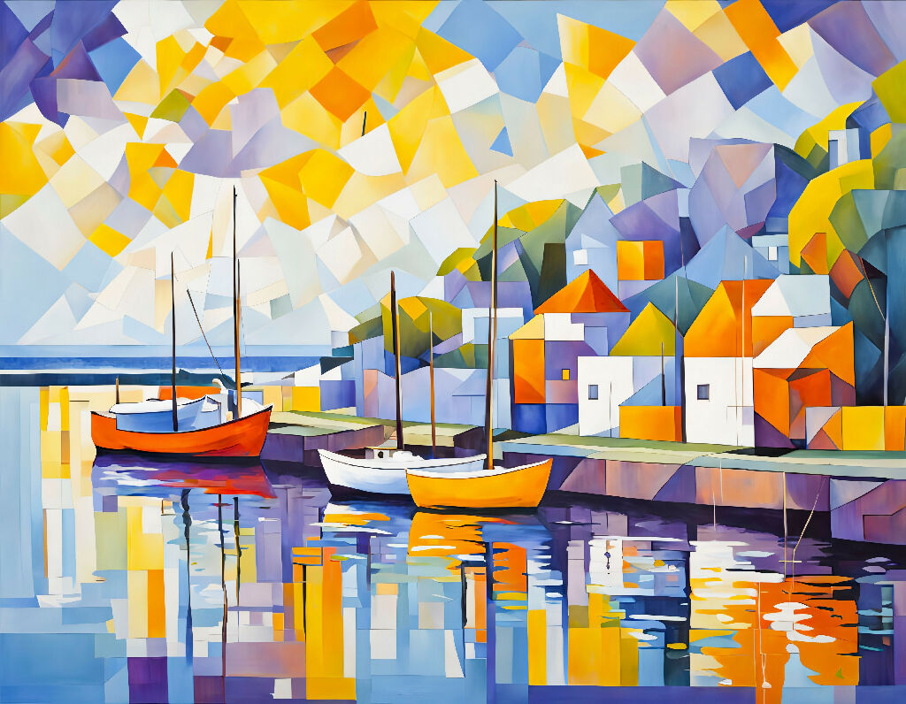 Cubist Harbor Scene with Boats