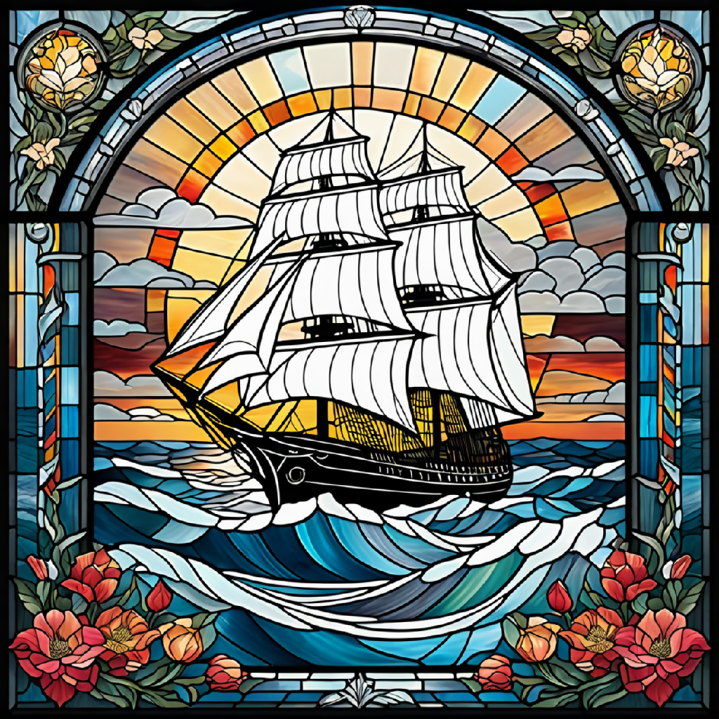 Stained glass, sailing ship, turbulent waves, starry sky, aurora, s...