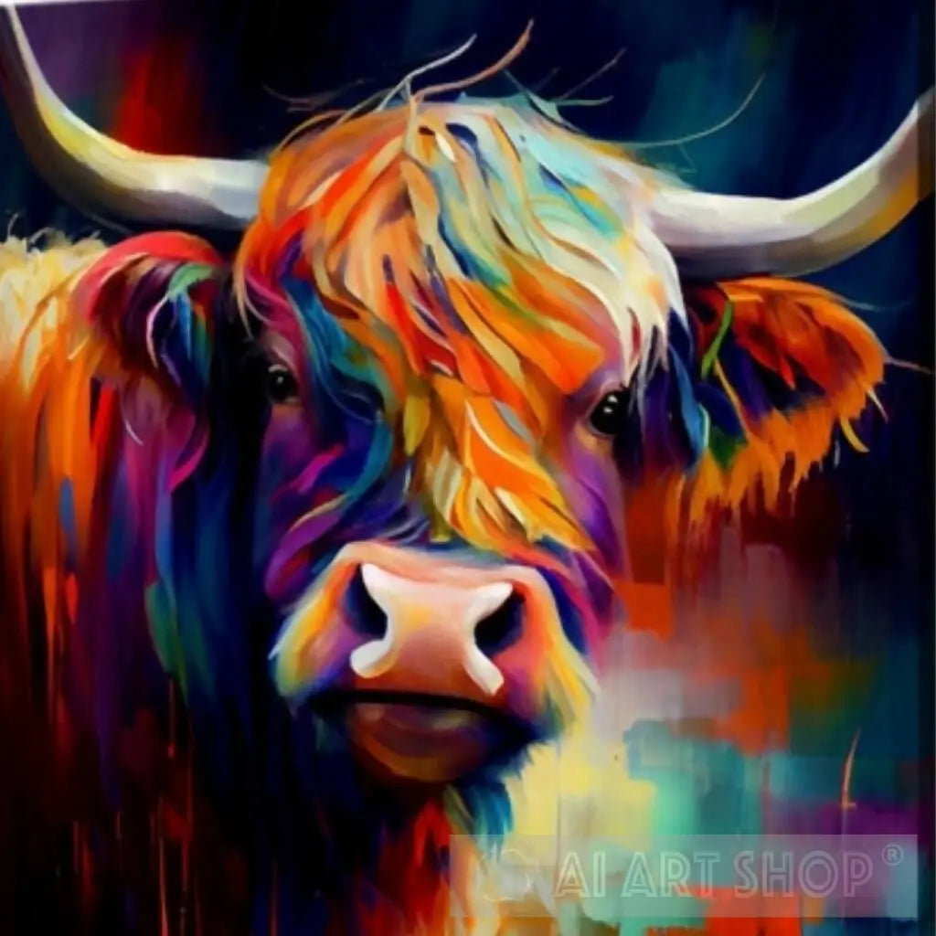Abstract highland cattle colourful canvas art print