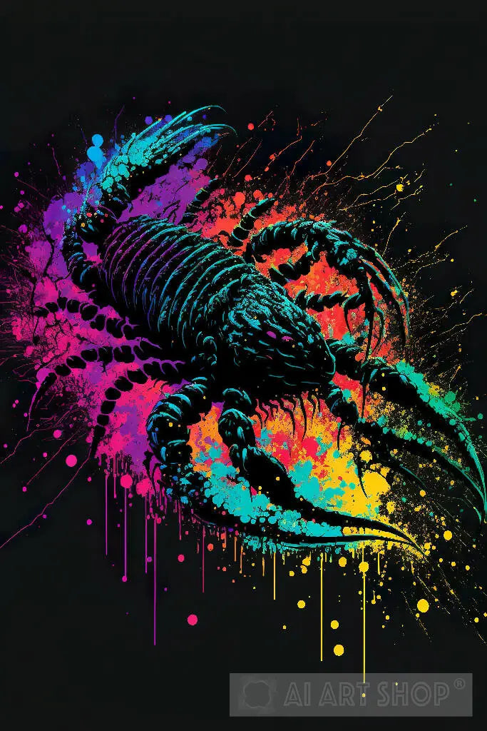 Abstract neon paint splash art scorpion