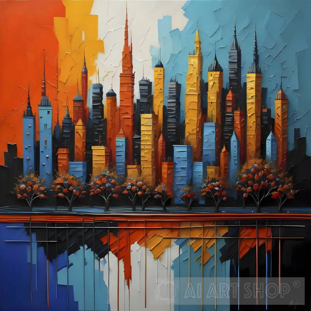 Abstract town by the lake digital ai art