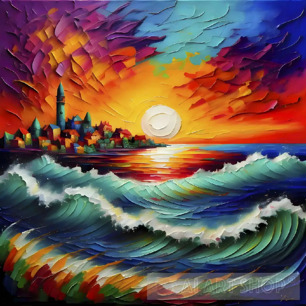 Abstract village by the sea at sunset digital ai art