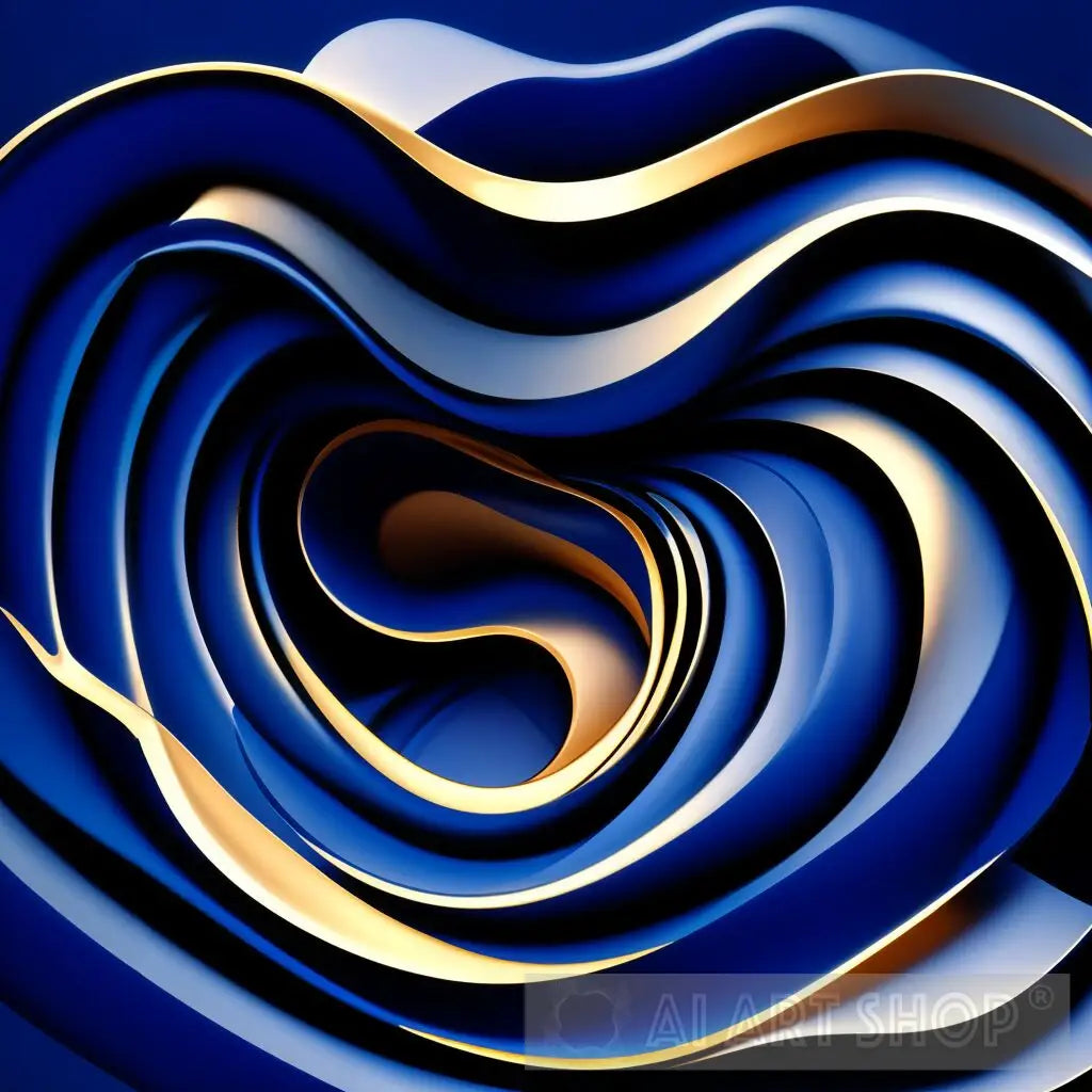 A 3D abstract form of swirling waves in a deep navy blue background...