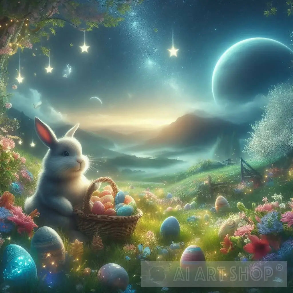 Adorable Easter Bunny With a Basket of Eggs in a Beautiful Night La...