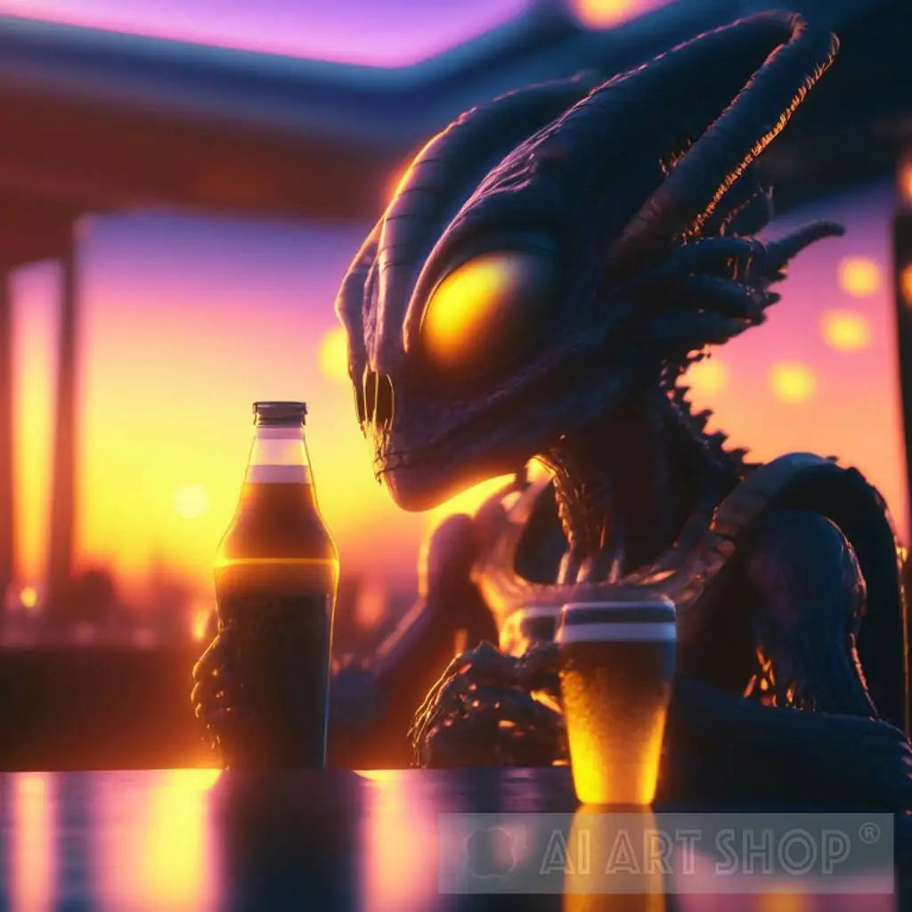 Alien having a beer at the bar