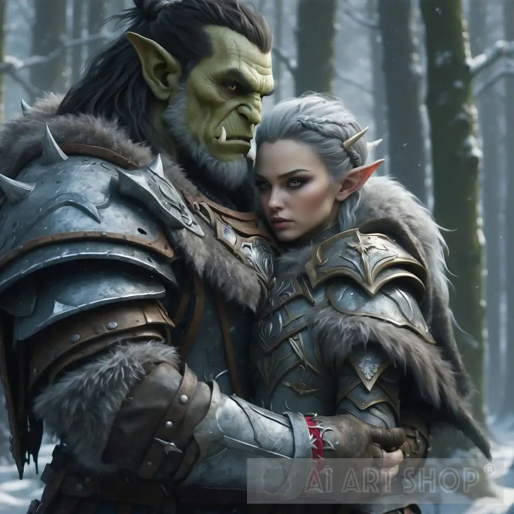 AI Art: Unity in the Frozen Forest - Orc and Elf's Silent Vow