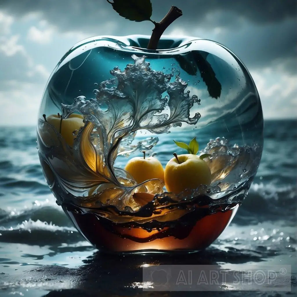 surreal, still life, apple, water, reflection, light, refraction, i...