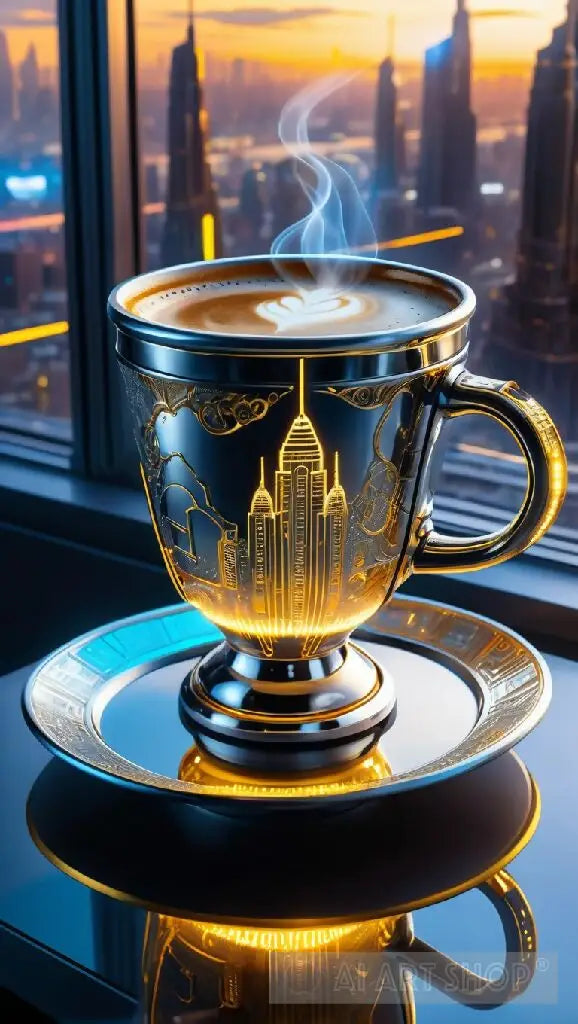 An elaborately designed silver cup of steaming hot espresso, adorne...