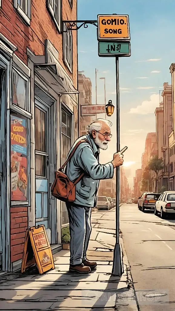 An old man nailing a sign board outside of a bu...