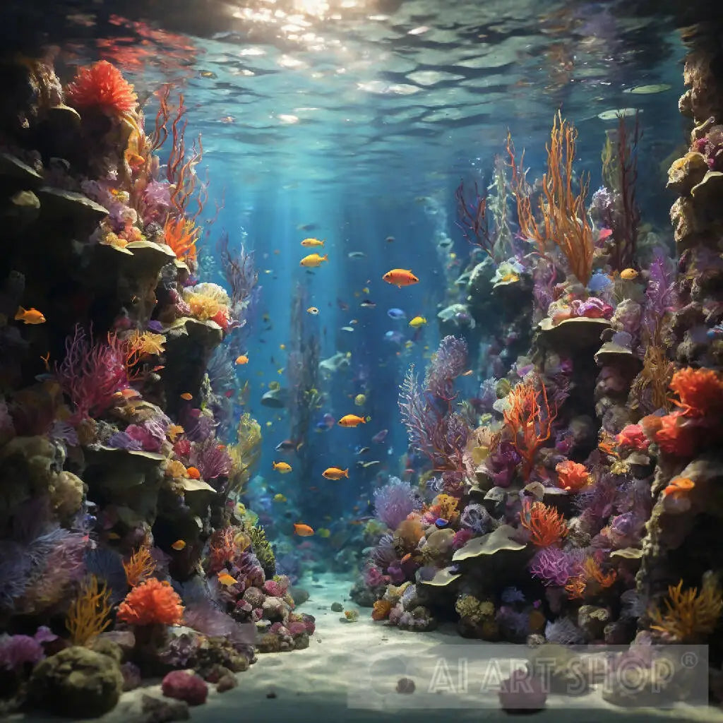 An underwater garden with coral reefs, colorful fish and seaweed