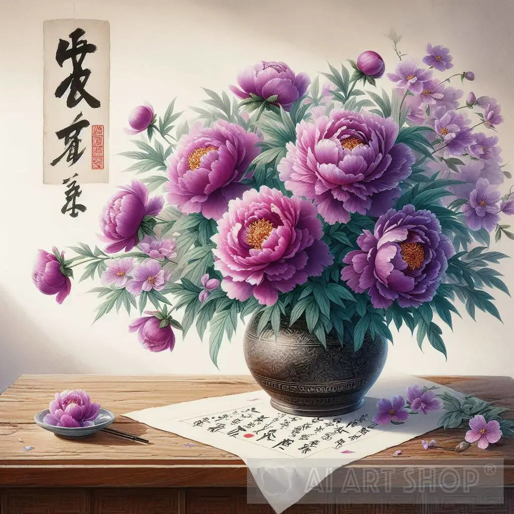 Ancient Chinese Purple Peonies and Caligraphy