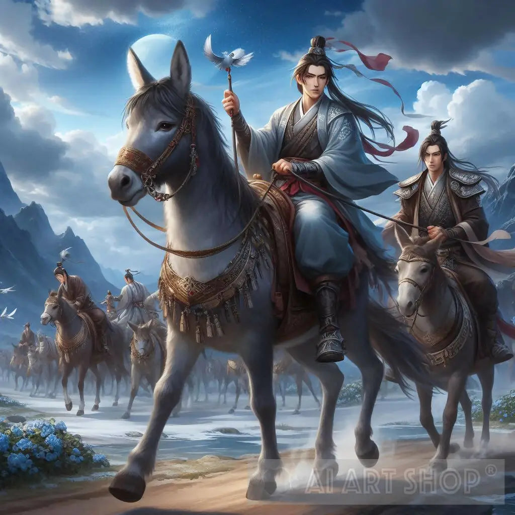 Ancient Chinese Wuxia Hero Riding Donkey During a Full Moon at Twiligh