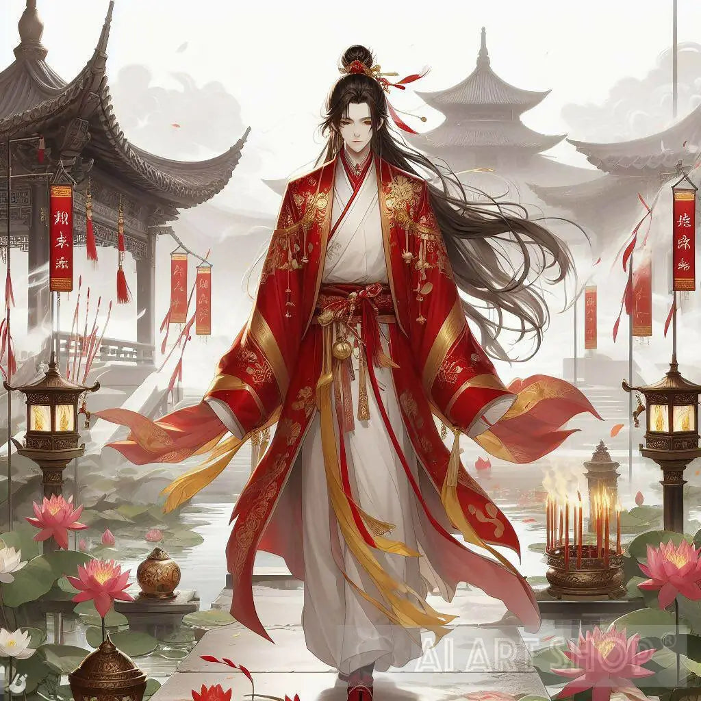 Ancient Chinese Wuxia Hero Standing on Bridge in Lotus Pond