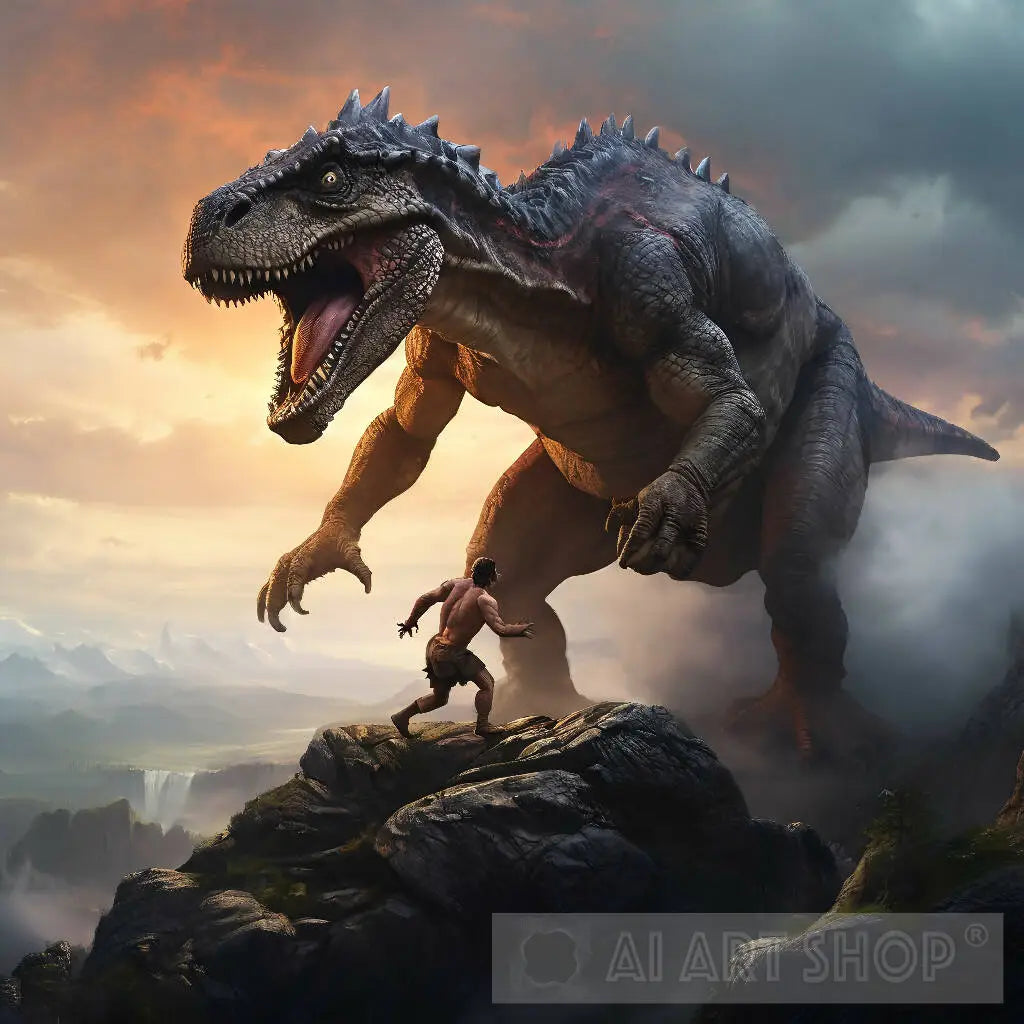 Ancient man fights a dinosaur