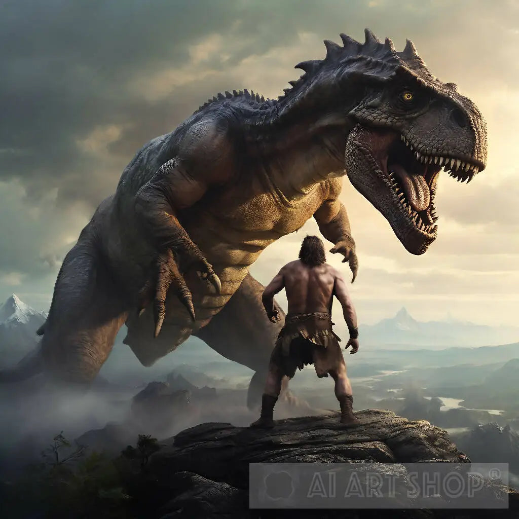 Ancient man fights a dinosaur