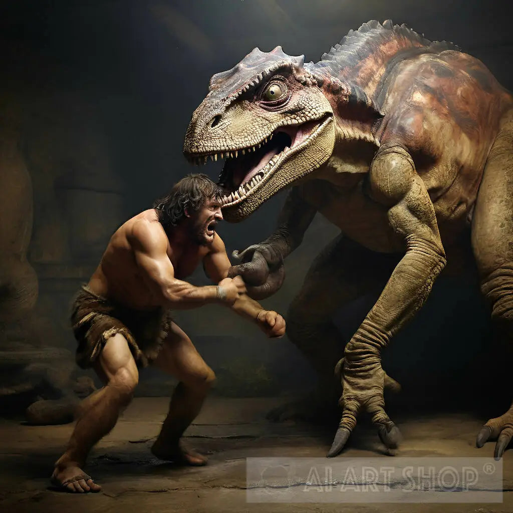 Ancient man fights a dinosaur