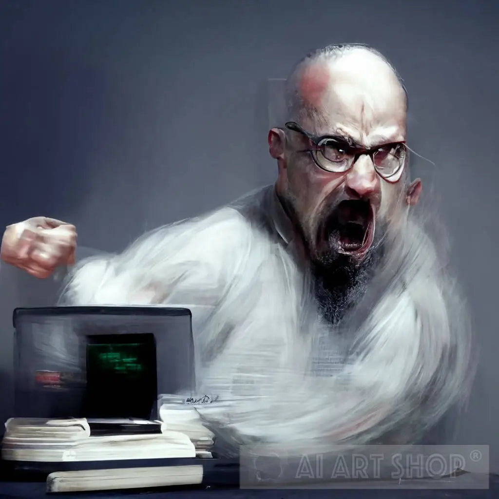 Tech, computer, bald man, anger