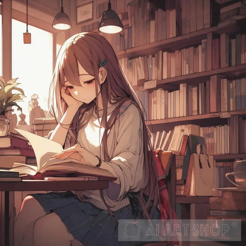 Anime Girl Reading In Bookstore